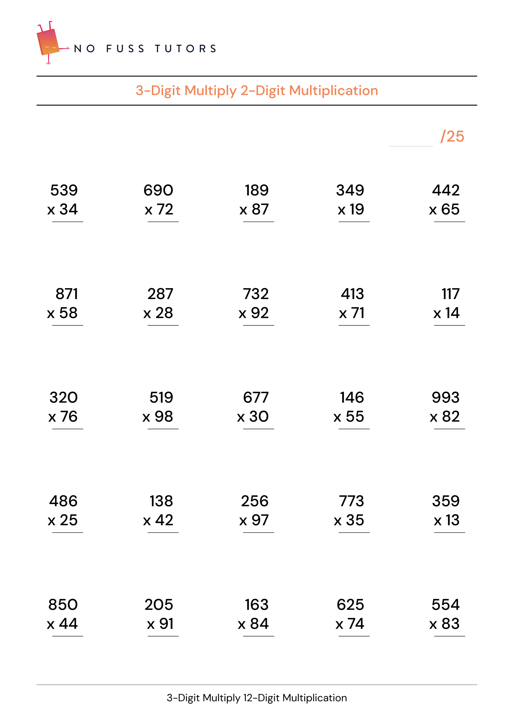 Grade 5 Math Worksheets Multiplication In Columns 3 By 3 Digit K5