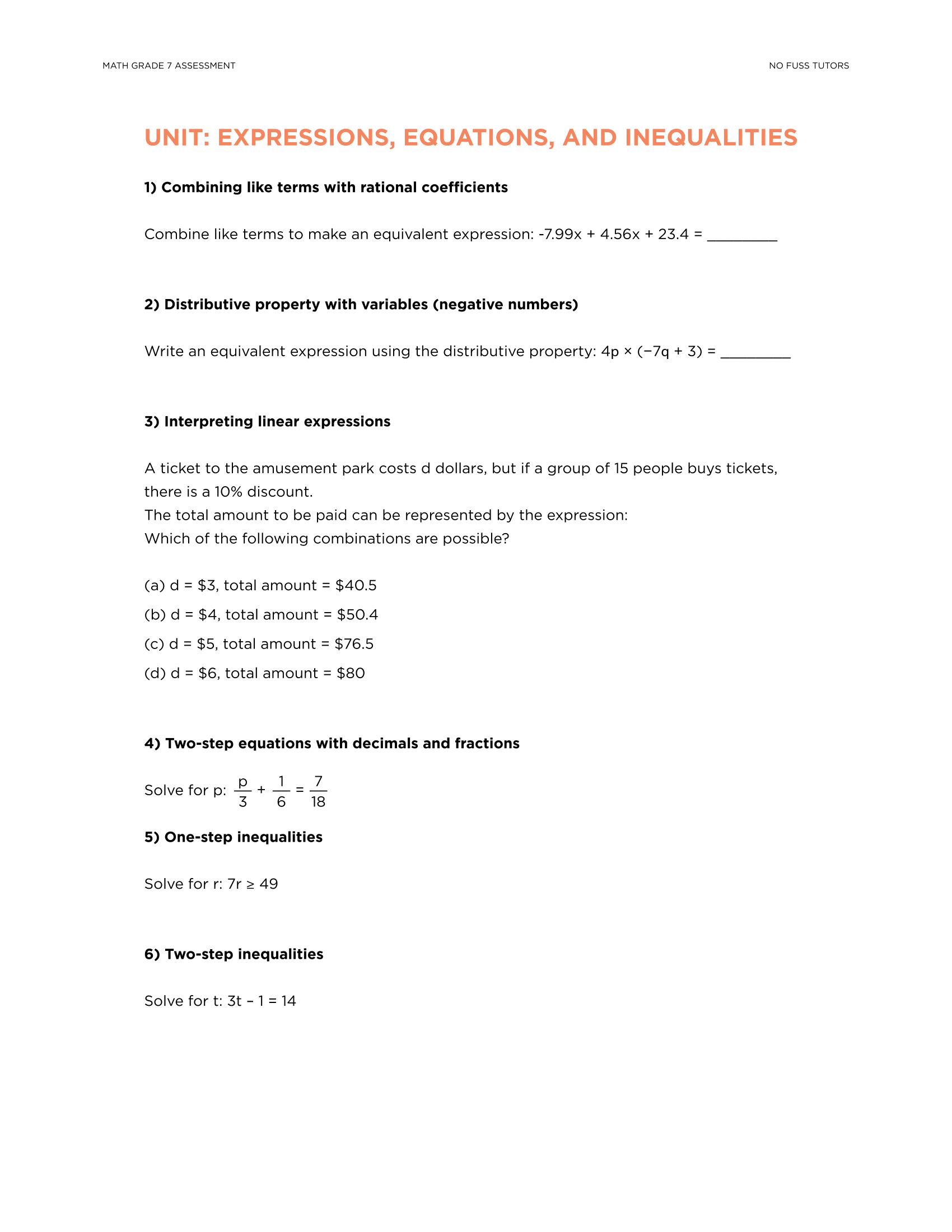 No Fuss Tutors - Worksheets and Assessments
